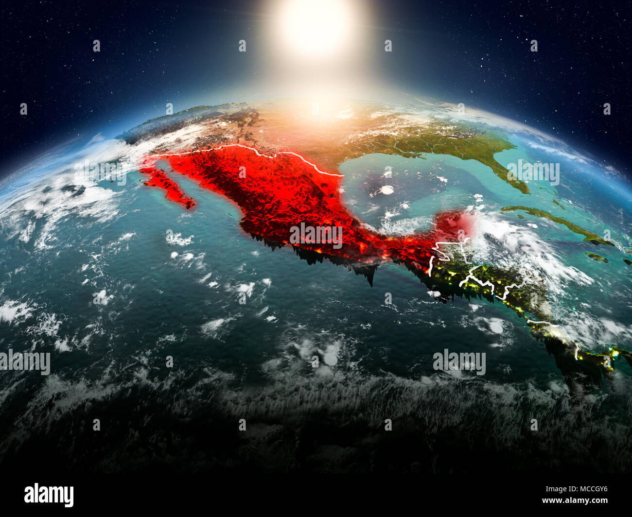 Sunrise above Mexico highlighted in red on model of planet Earth in ...