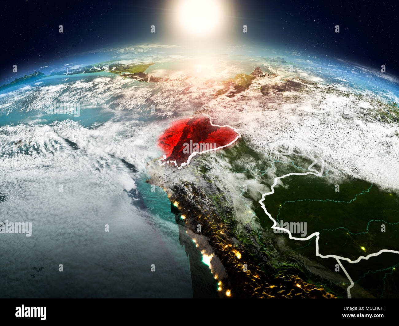 Sunrise above Ecuador highlighted in red on model of planet Earth in space with visible country ...