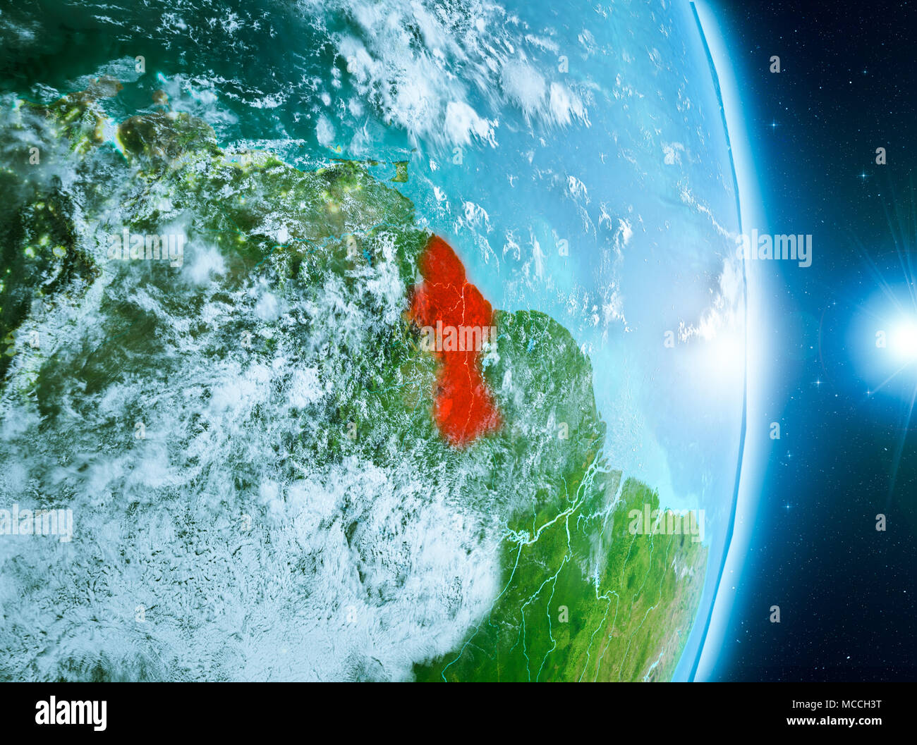 Guyana from orbit of planet Earth with clouds during sunrise with ...