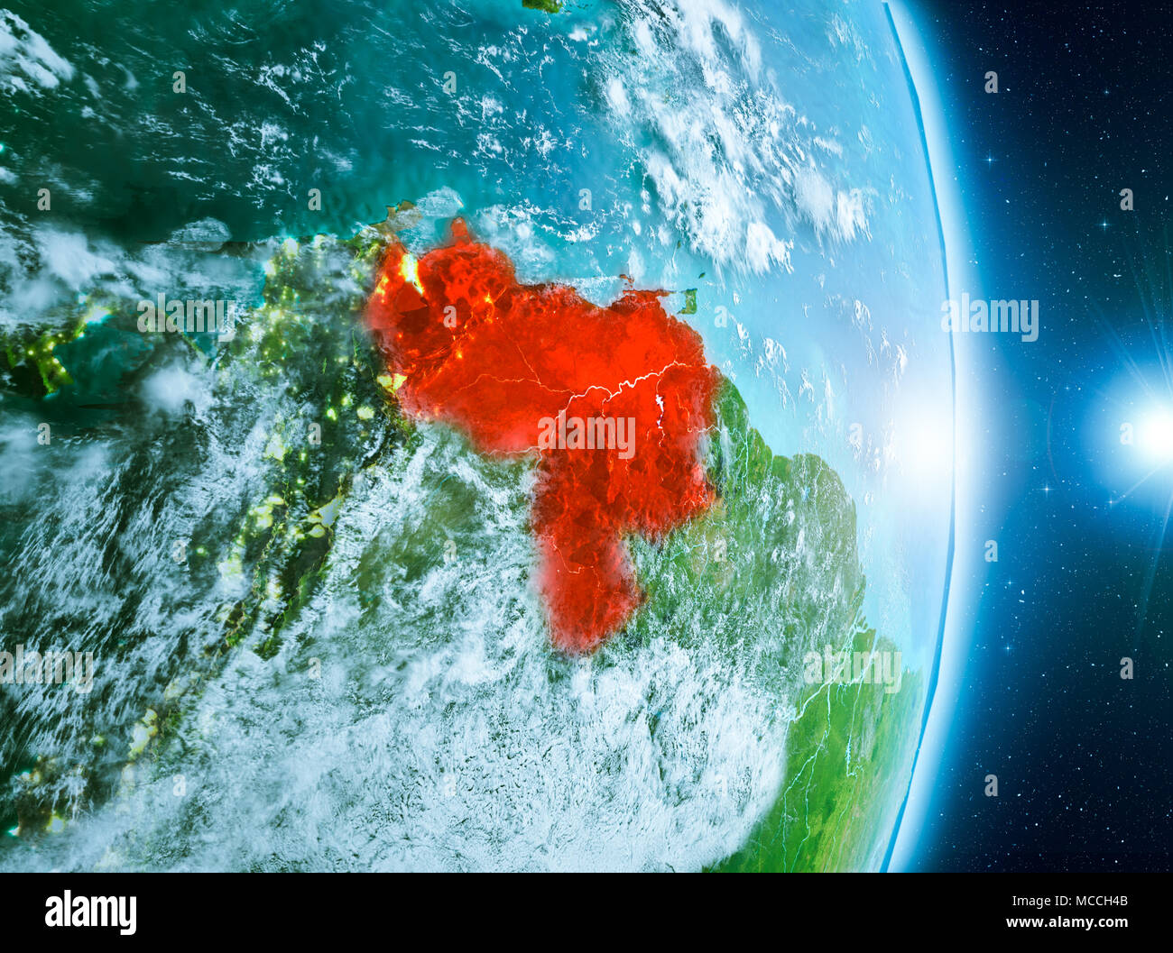 Venezuela from orbit of planet Earth with clouds during sunrise with ...