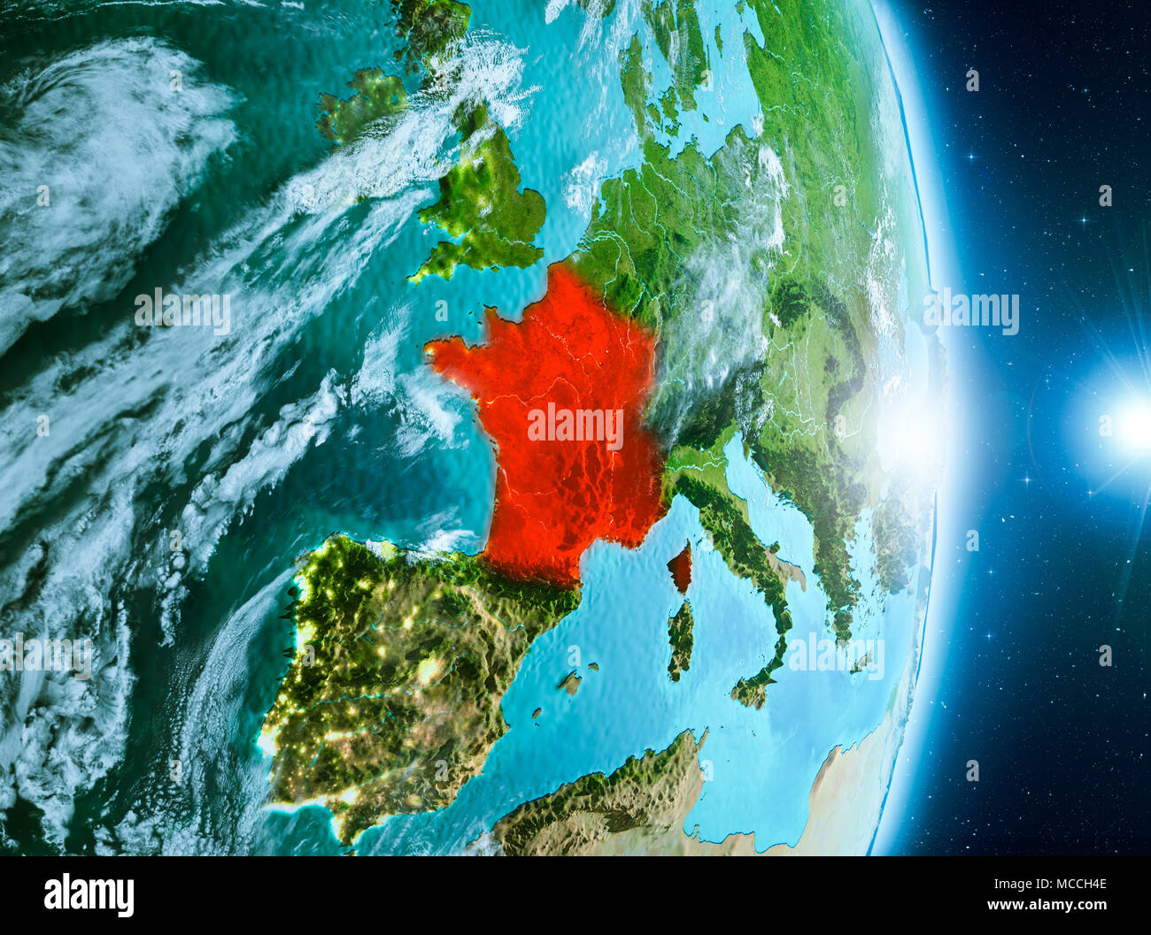 France from orbit of planet Earth with clouds during sunrise with ...