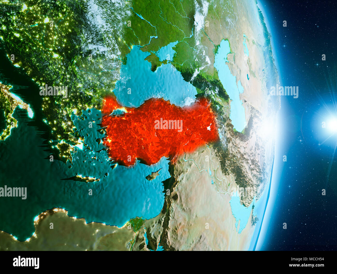 Turkey from orbit of planet Earth with clouds during sunrise with ...