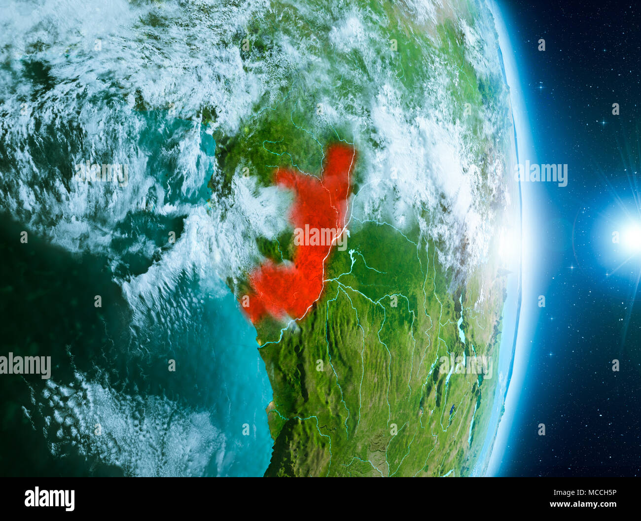 Congo from orbit of planet Earth with clouds during sunrise with highly ...
