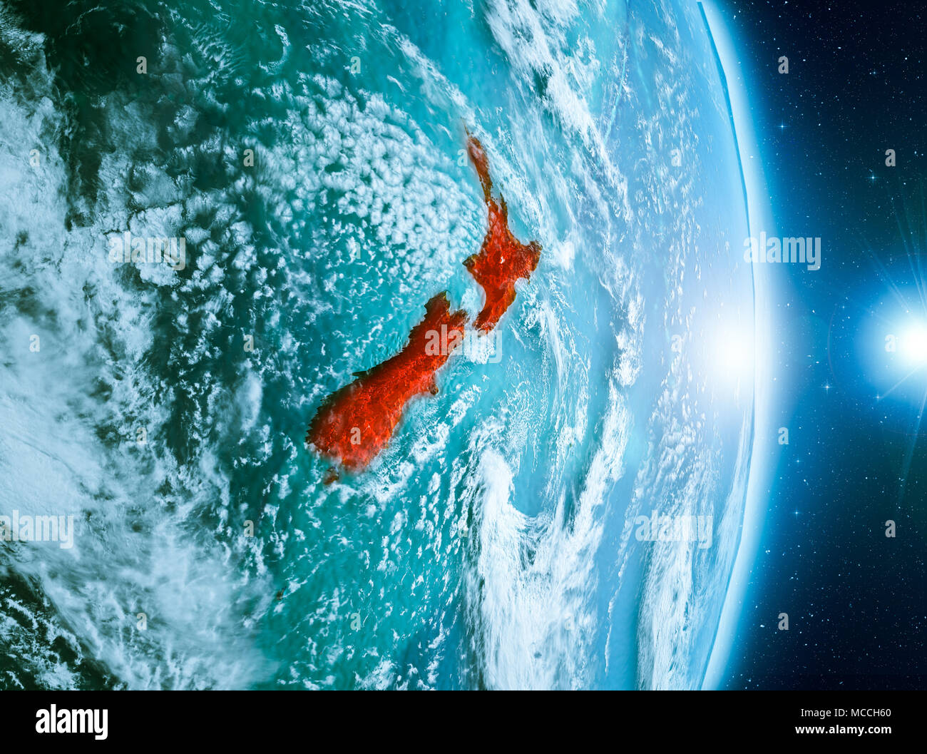 New Zealand from orbit of planet Earth with clouds during sunrise with ...