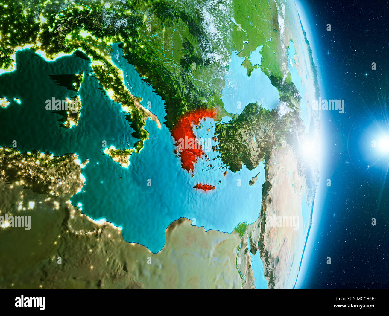 Greece from orbit of planet Earth with clouds during sunrise with ...