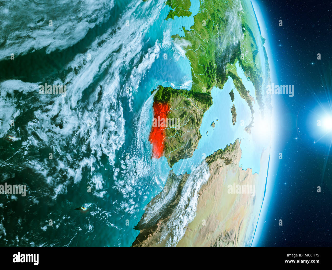 Portugal from orbit of planet Earth with clouds during sunrise with ...