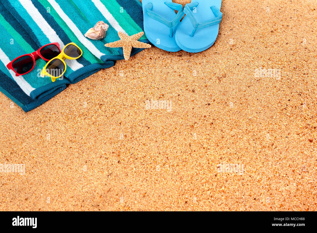 Summer beach background border, flip flops, sand copy space Stock Photo ...