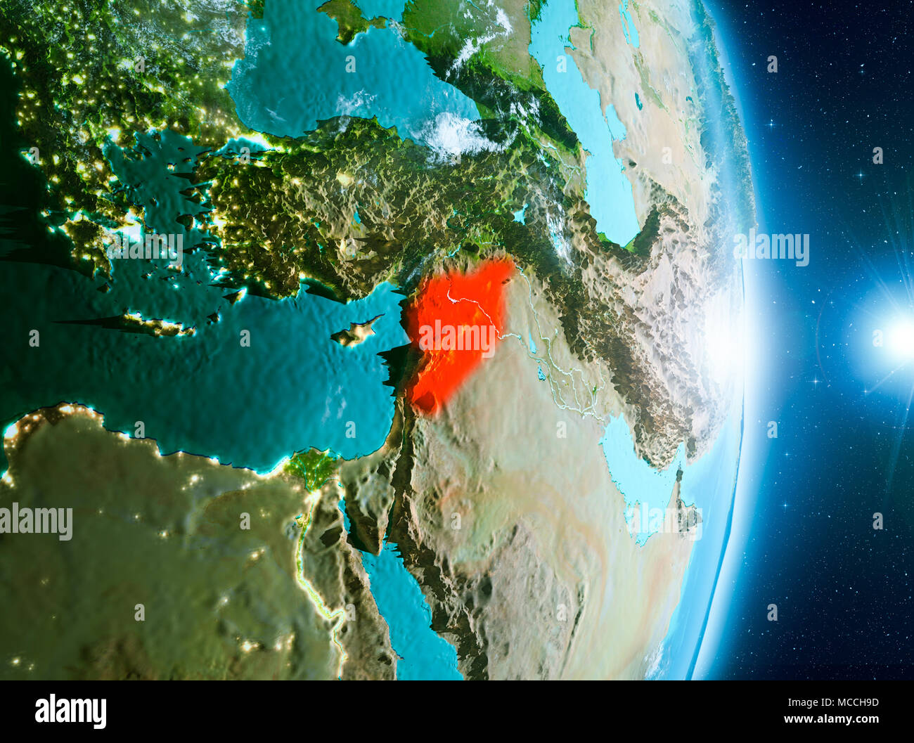 Syria from orbit of planet Earth with clouds during sunrise with highly ...