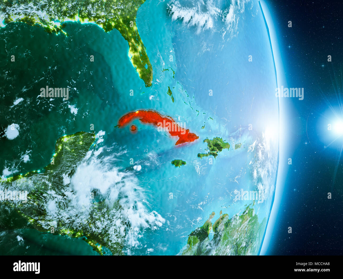 Cuba from orbit of planet Earth with clouds during sunrise with highly ...