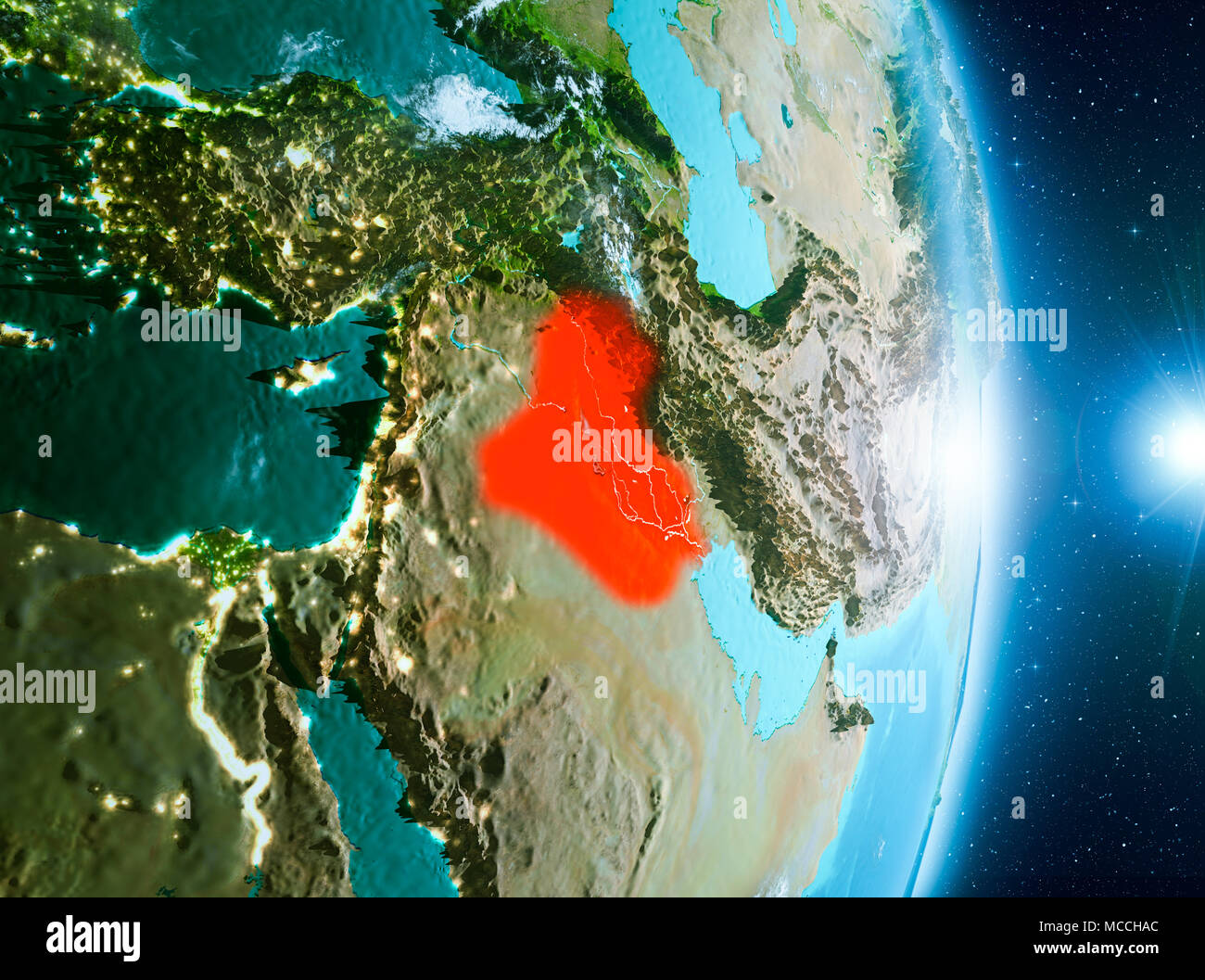 Iraq from orbit of planet Earth with clouds during sunrise with highly ...