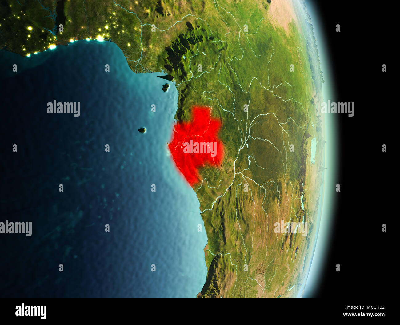 Early morning view of Gabon highlighted in red on planet Earth. 3D ...