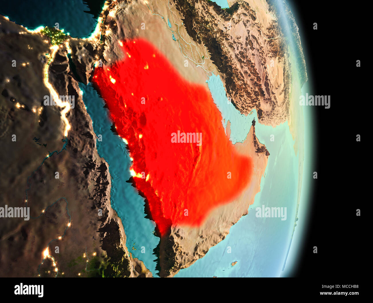 Early morning view of Saudi Arabia highlighted in red on planet Earth ...