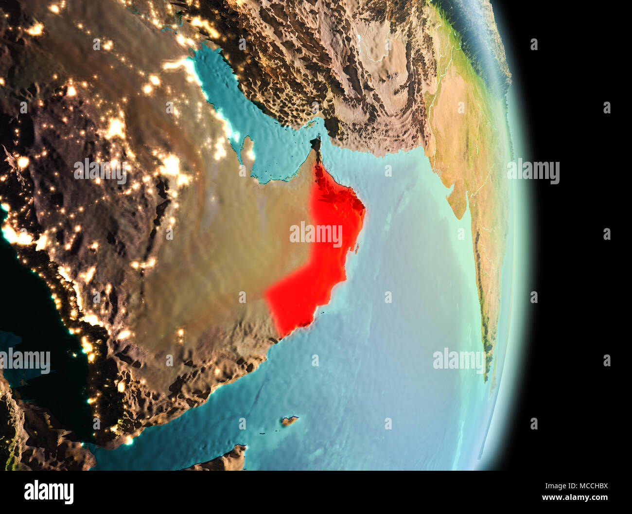 Early morning view of Oman highlighted in red on planet Earth. 3D ...