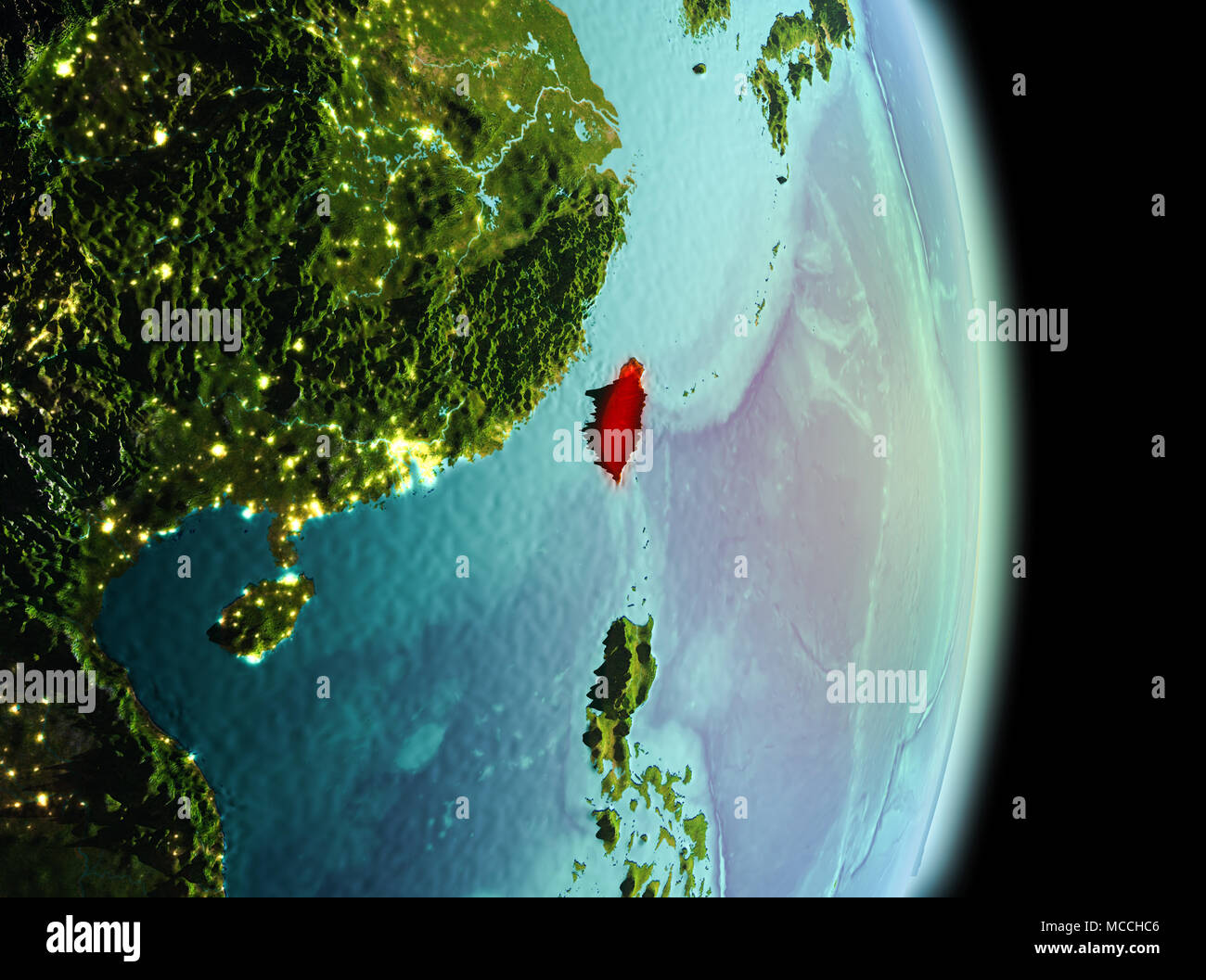 Early morning view of Taiwan highlighted in red on planet Earth. 3D ...