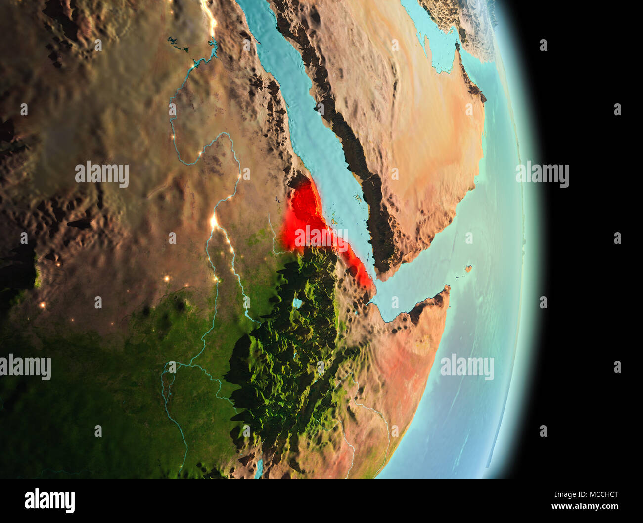 Early morning view of Eritrea highlighted in red on planet Earth. 3D ...