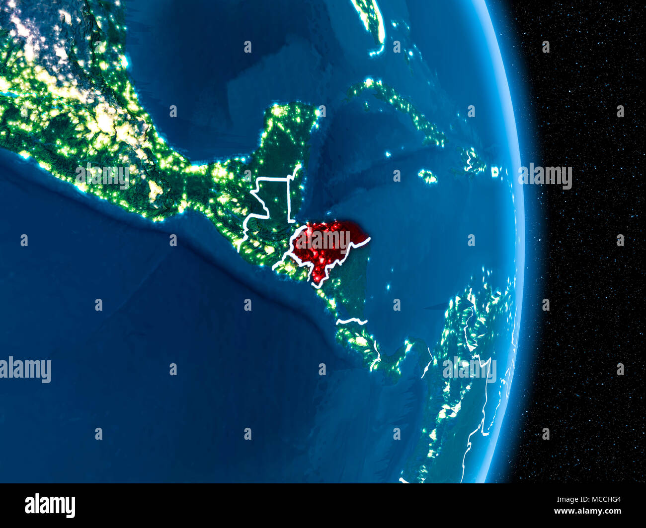 Honduras from orbit of planet Earth at night with visible borderlines ...