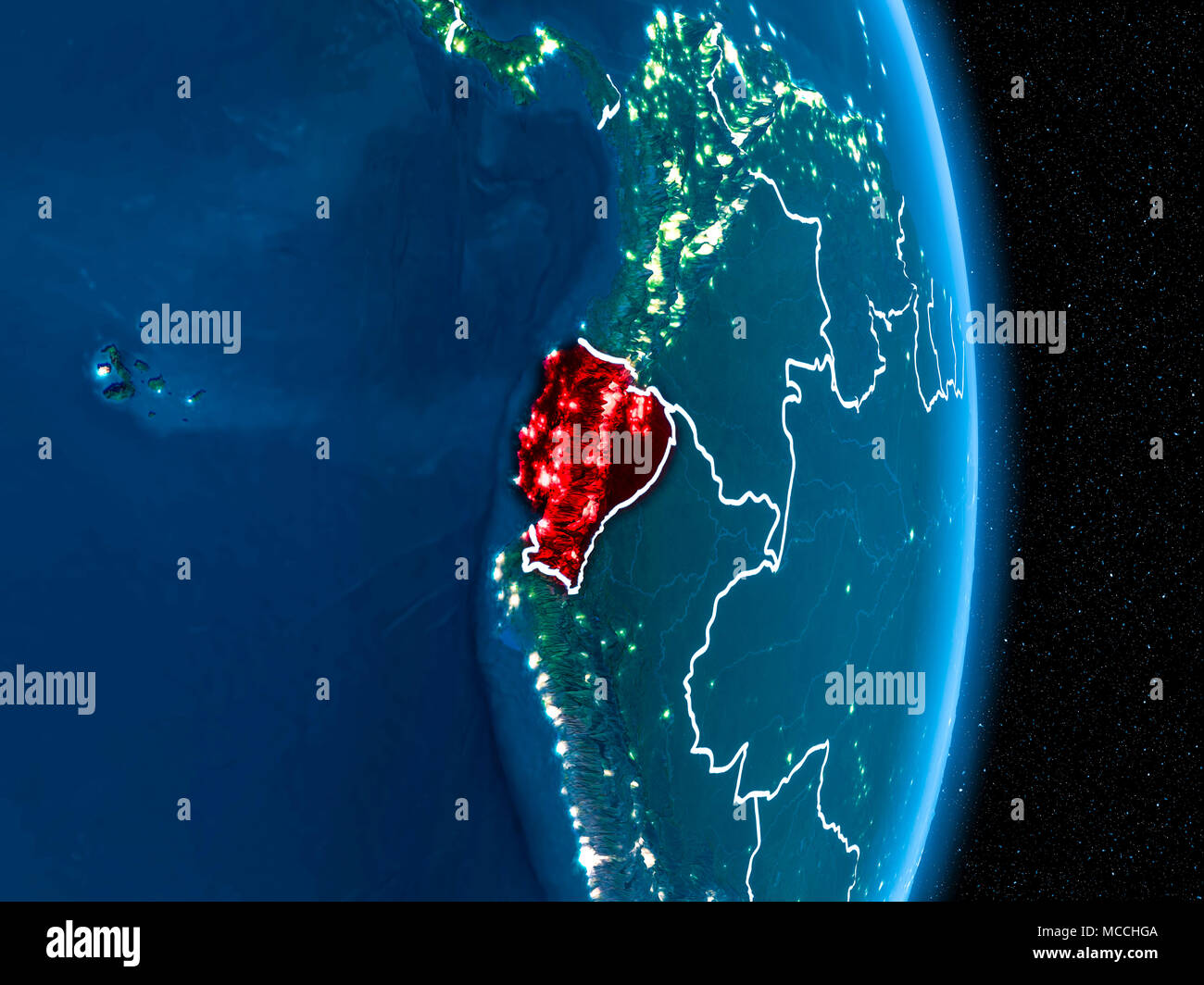 Ecuador from orbit of planet Earth at night with visible borderlines and city lights. 3D ...
