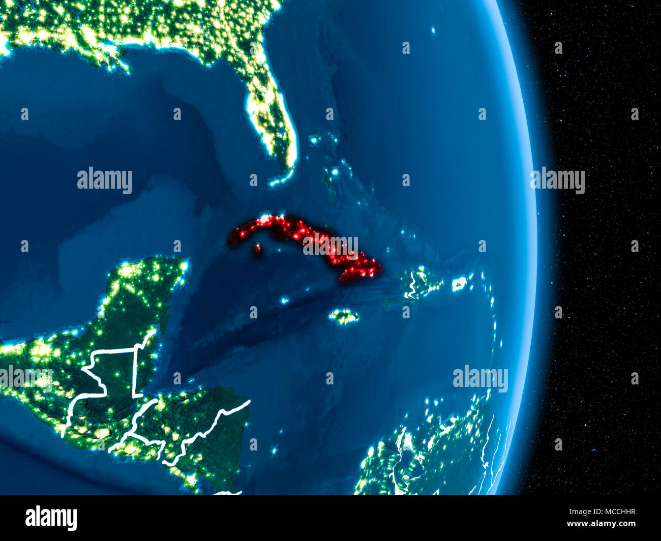 Cuba from orbit of planet Earth at night with visible borderlines and ...
