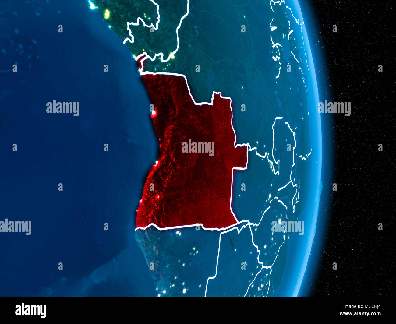 Angola from orbit of planet Earth at night with visible borderlines and city lights. 3D ...