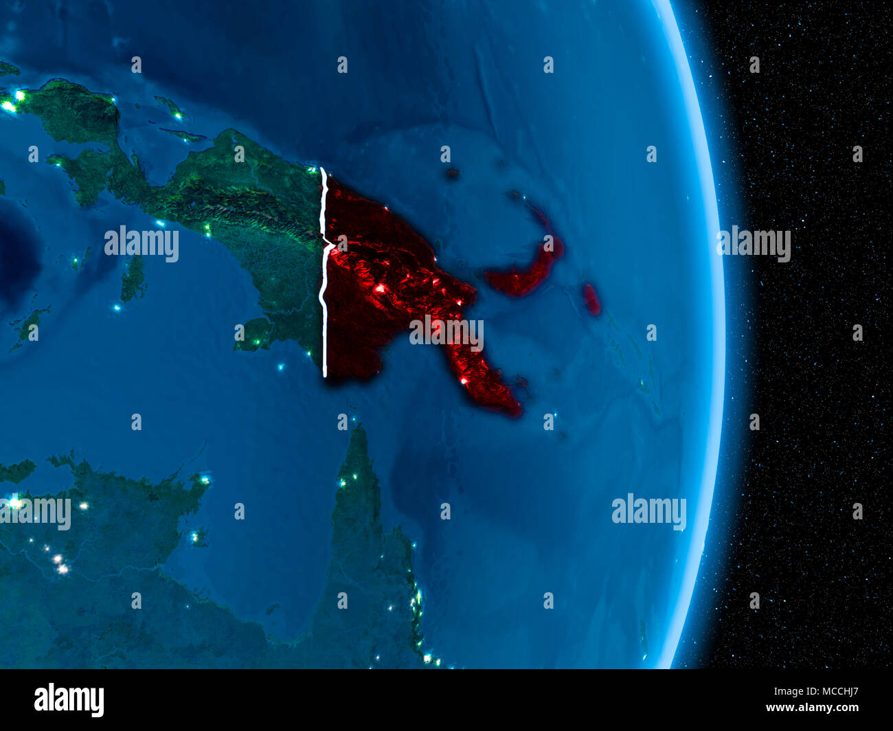 Papua New Guinea from orbit of planet Earth at night with visible borderlines and city lights ...