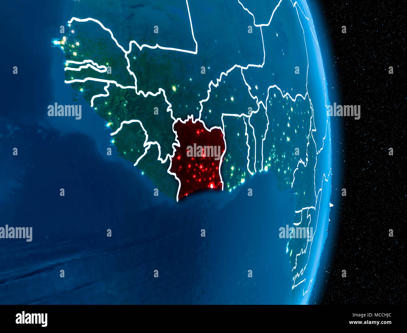 Ivory Coast from orbit of planet Earth at night with visible ...