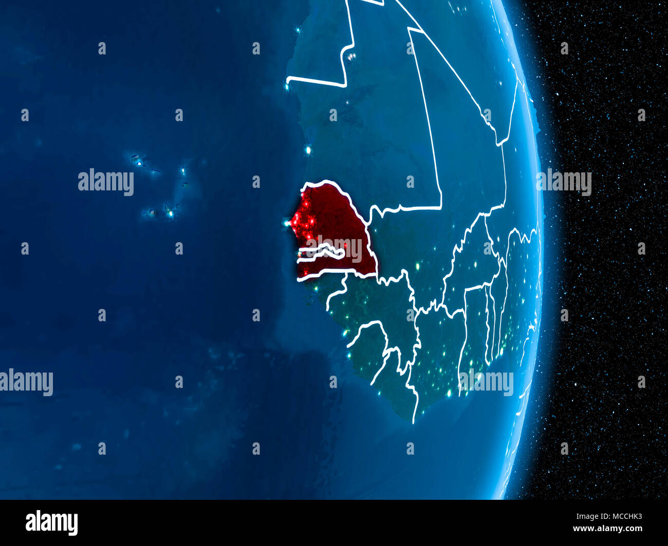 Senegal from orbit of planet Earth at night with visible borderlines ...