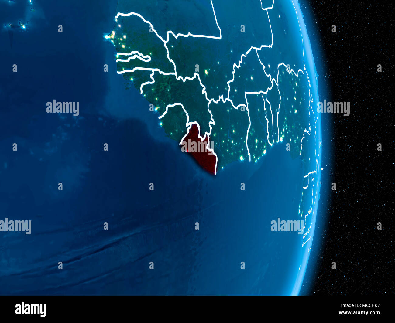 Liberia from orbit of planet Earth at night with visible borderlines ...
