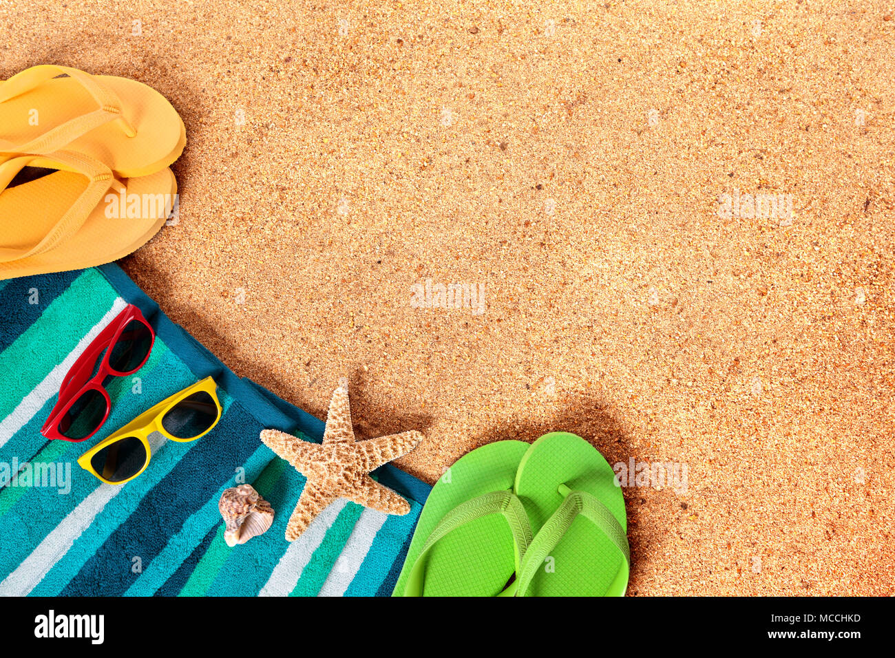 Summer beach background border, flip flops, sand copy space Stock Photo ...