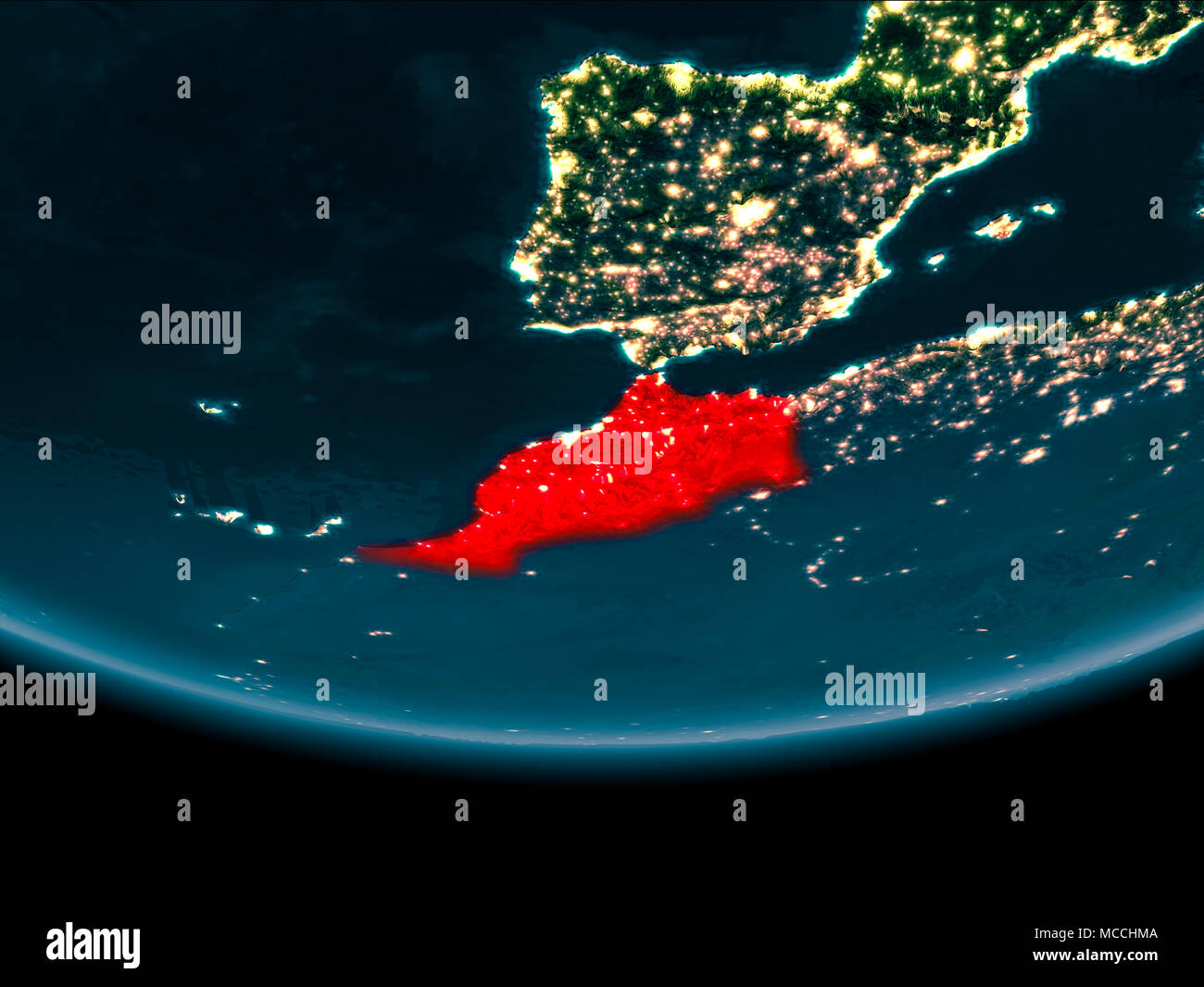 Morocco at night highlighted in red on planet Earth. 3D illustration ...