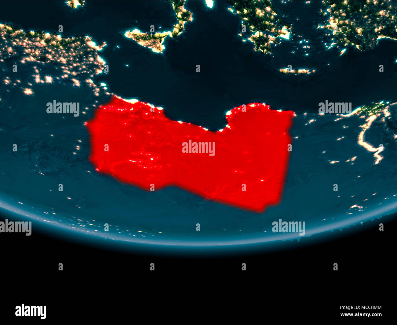 Libya at night highlighted in red on planet Earth. 3D illustration ...
