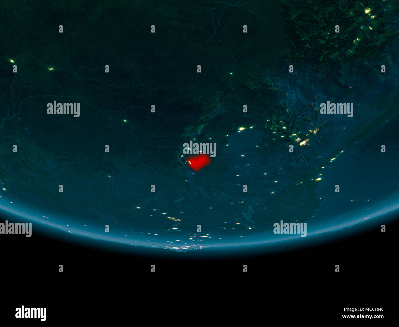 Burundi at night highlighted in red on planet Earth. 3D illustration. Elements of this image ...
