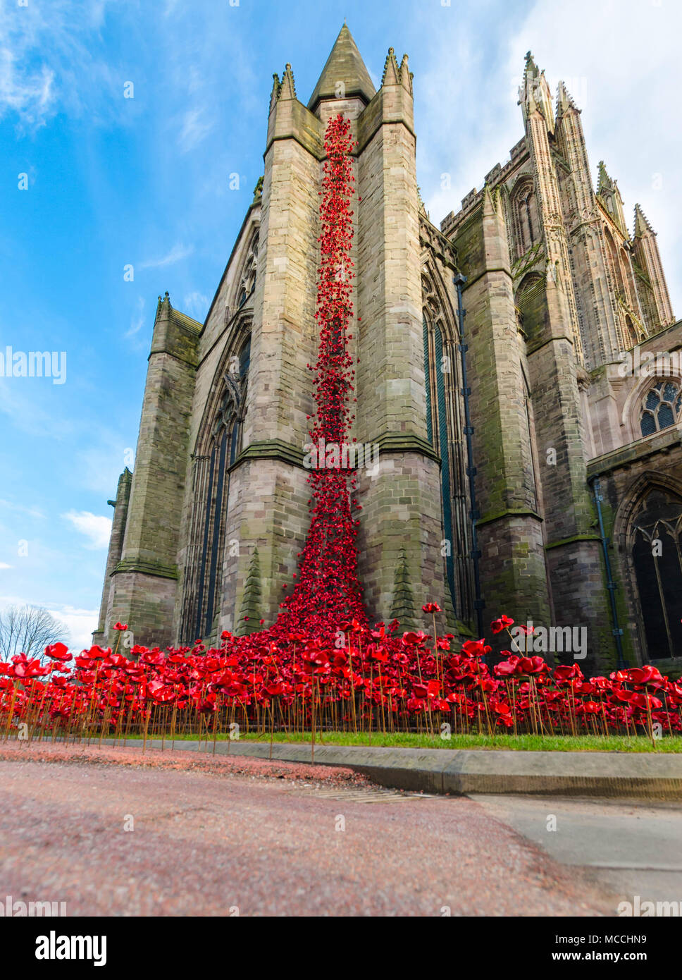 Weeping window display of ceramic poppies Hereford Cathedral UK March ...