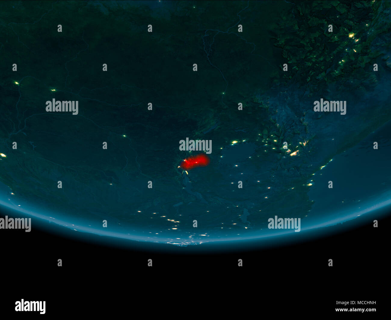 Rwanda at night highlighted in red on planet Earth. 3D illustration ...