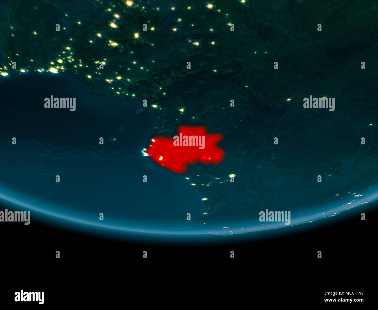 Gabon at night highlighted in red on planet Earth. 3D illustration ...