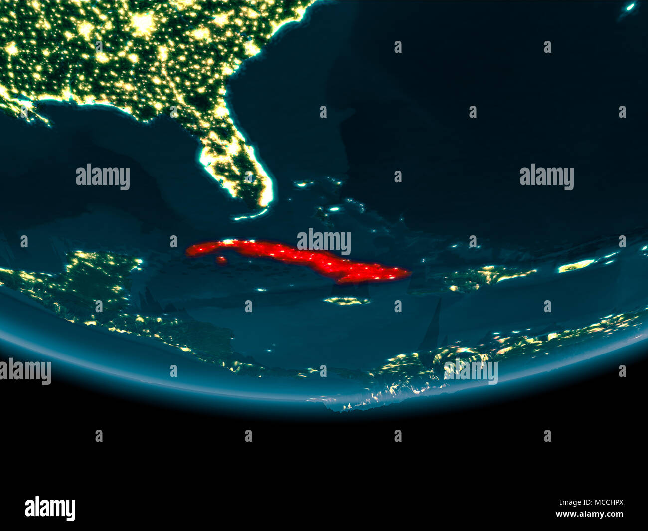 Cuba at night highlighted in red on planet Earth. 3D illustration ...