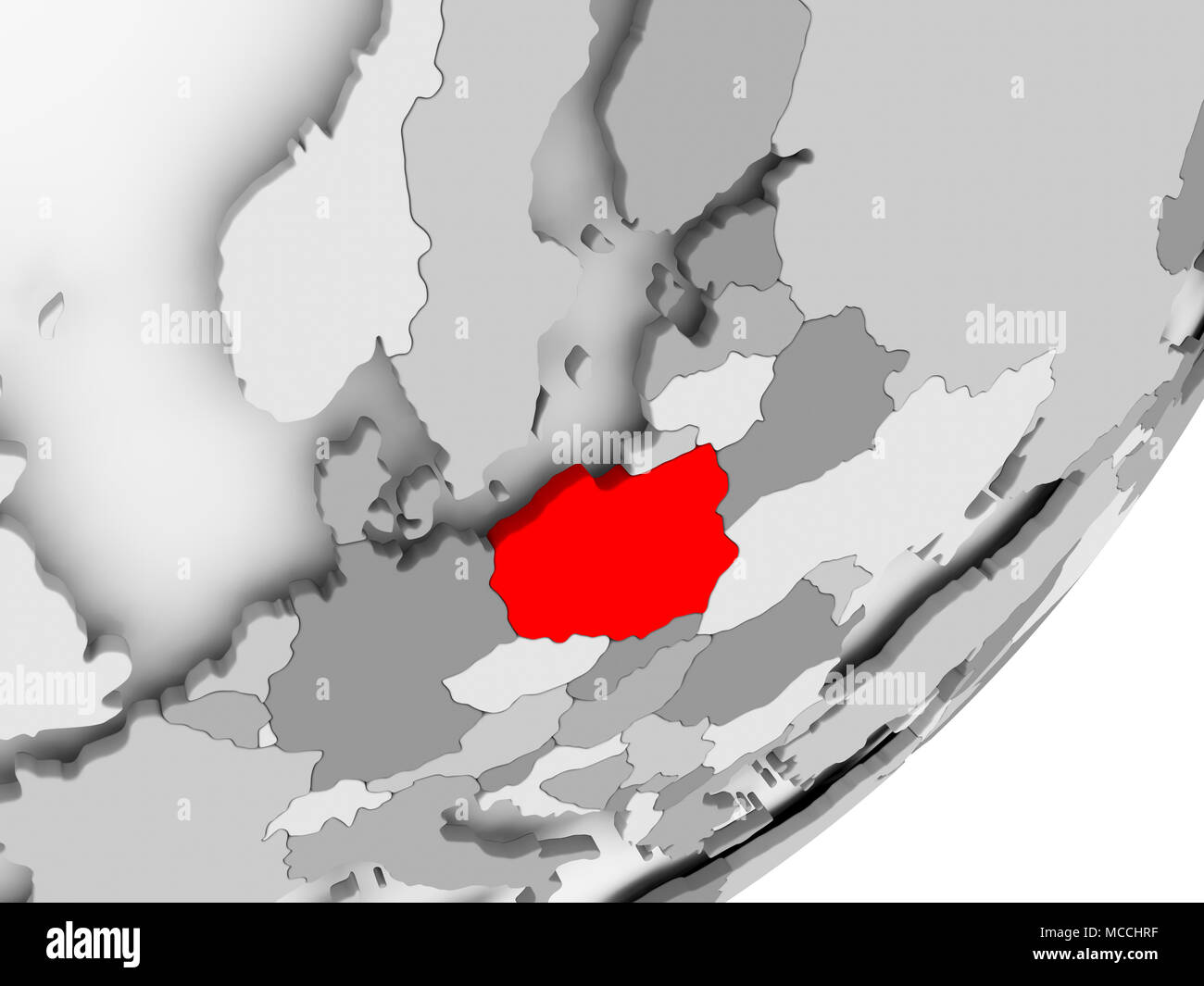 Illustration of Poland highlighted in red on grey globe. 3D ...