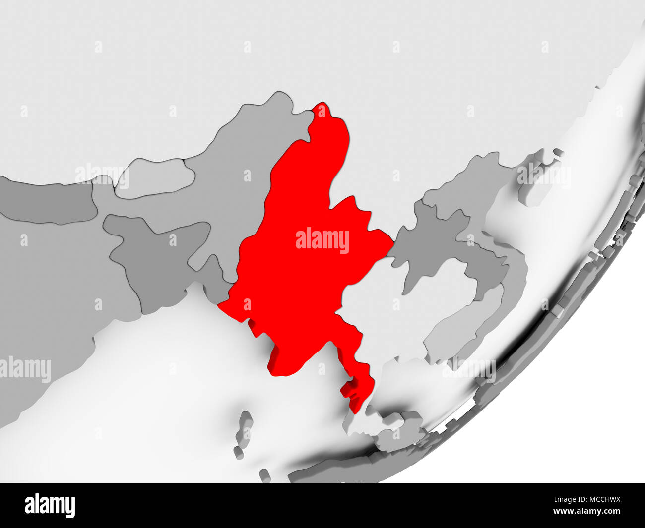 Illustration of Myanmar highlighted in red on grey globe. 3D ...