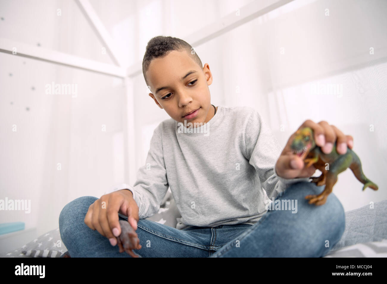 Boy with toy dinosaurs hi-res stock photography and images - Alamy