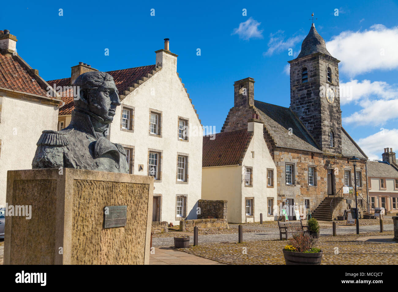 The Sandhaven and town Hall in Culross, Fife, Scotland, UK Stock Photo ...