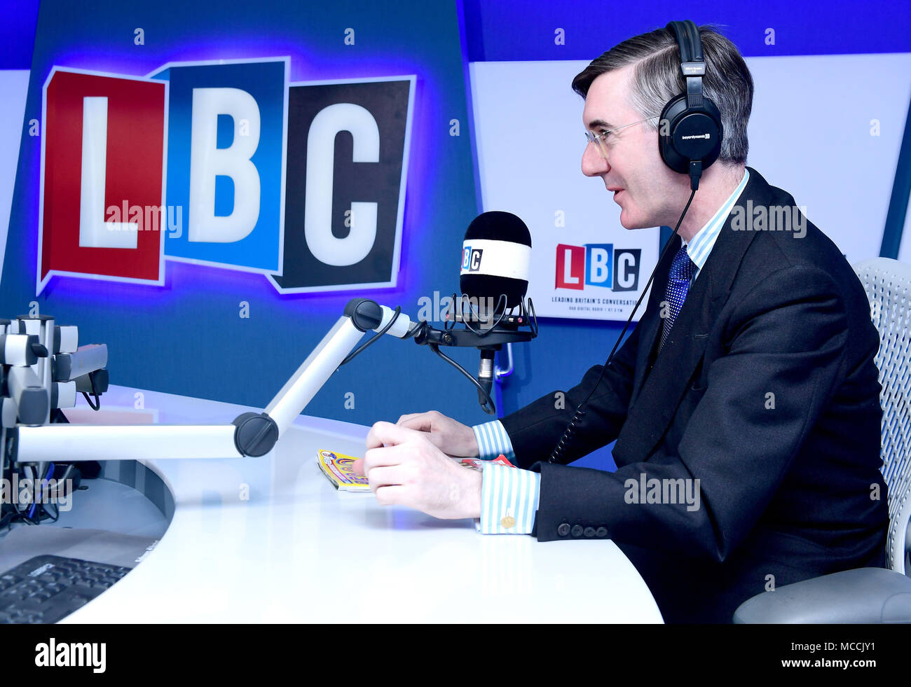 Conservative MP Jacob Rees-Mogg during his LBC radio phone-in programme ...