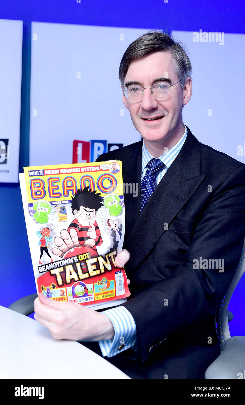 Conservative MP Jacob Rees-Mogg during his LBC radio phone-in programme ...
