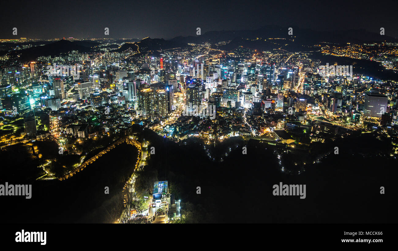 View of downtown cityscape and Seoul tower in Seoul, South Korea Stock ...