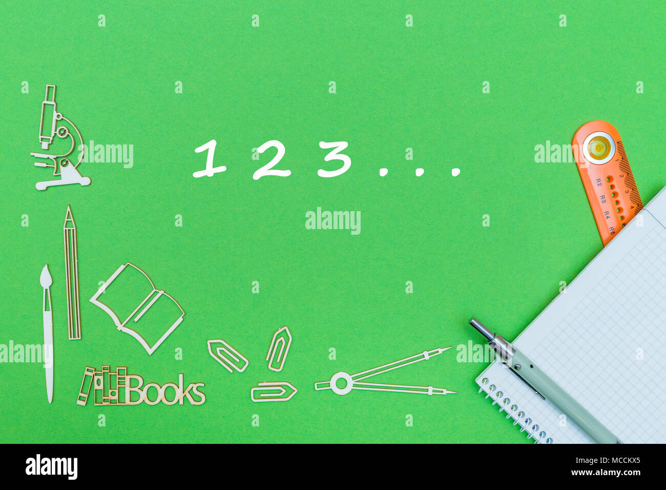 concept school, numbers 1,2,3, school supplies wooden miniatures ...