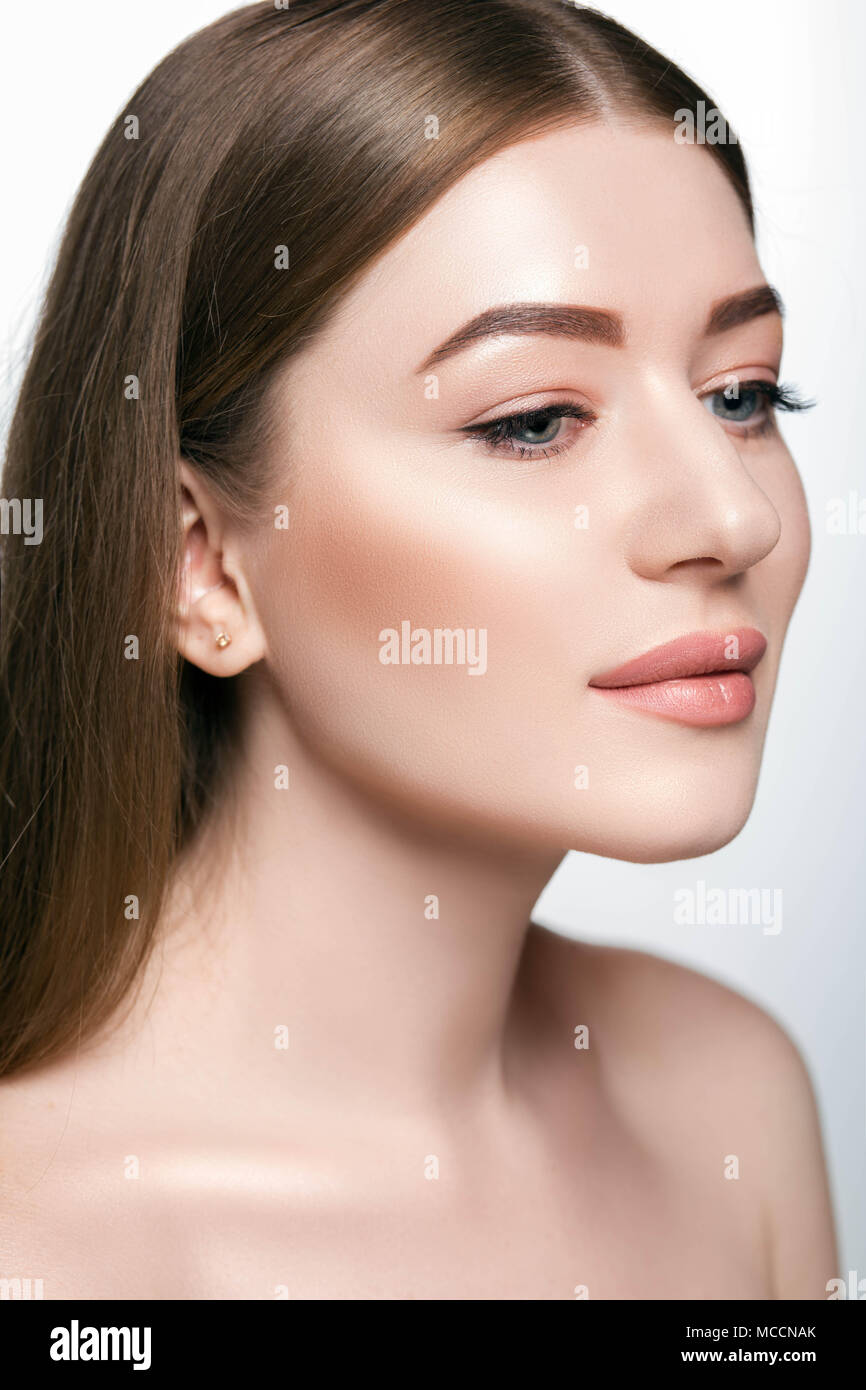 Portrait woman with fresh clean face and wide eyebrows Stock Photo - Alamy