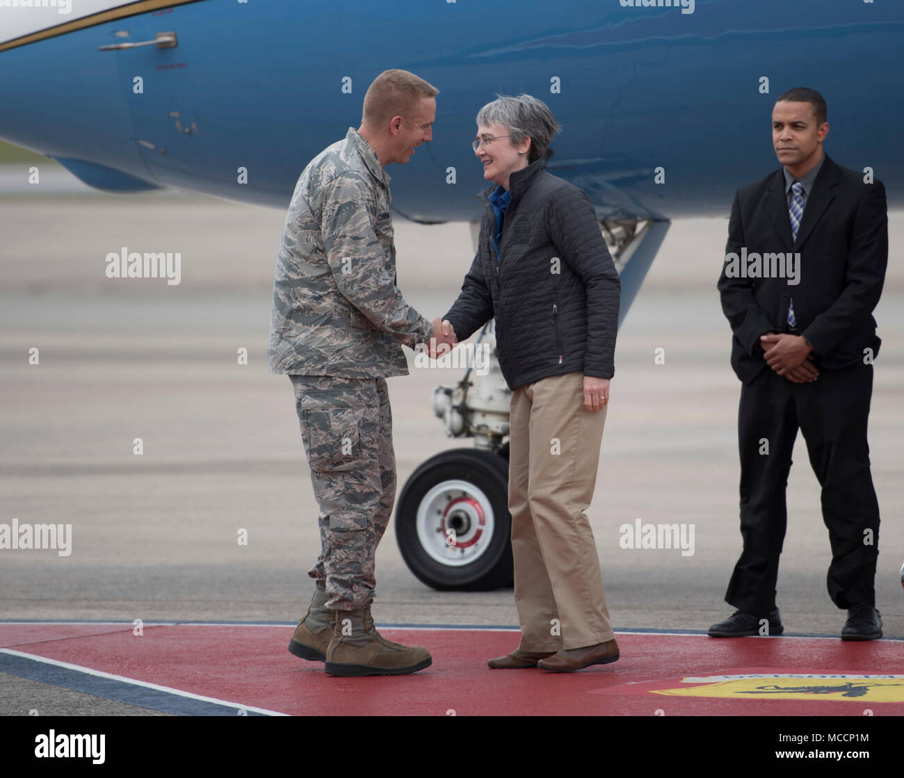 U.S. Air Force Brig. Gen. Case Cunningham, 18th Wing Commander, greets ...