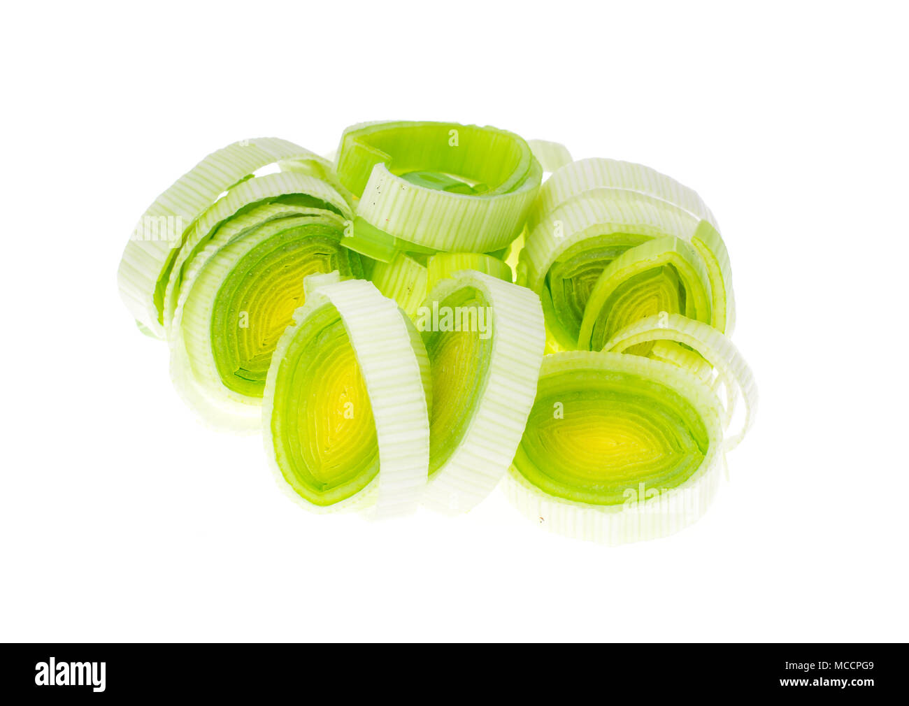 Rings of sliced leeks isolated on white background. Studio Photo Stock ...