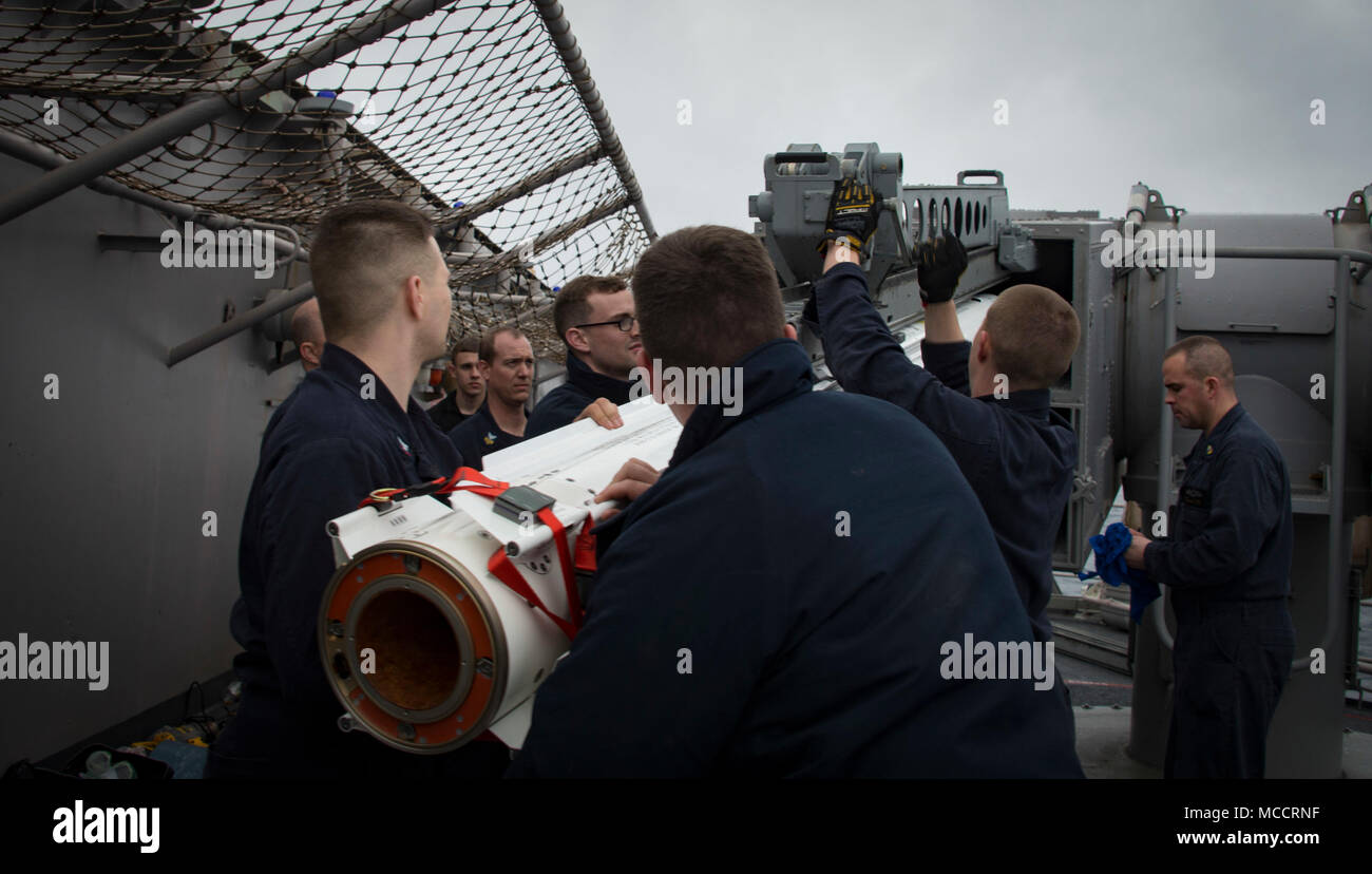 ATLANTIC OCEAN (Feb. 8, 2018) Sailors load an Evolved Seasparrow ...