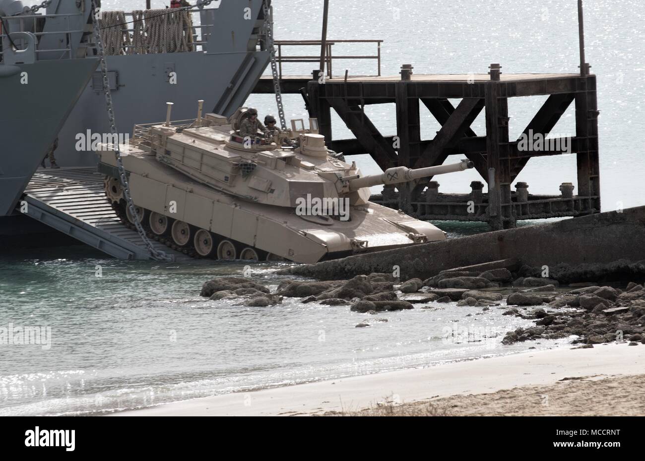 An M-1 Abrams Tank is unloaded onto the shore during Army Day 2018, Feb ...