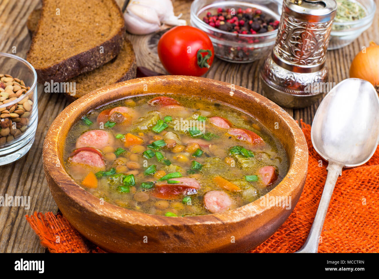 Country soup with lentils and sausages. Studio Photo Stock Photo - Alamy