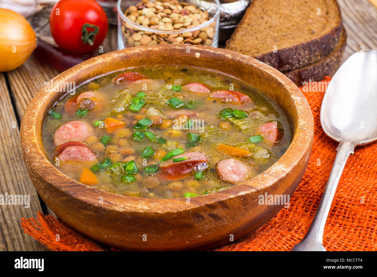 Country soup with lentils and sausages. Studio Photo Stock Photo - Alamy